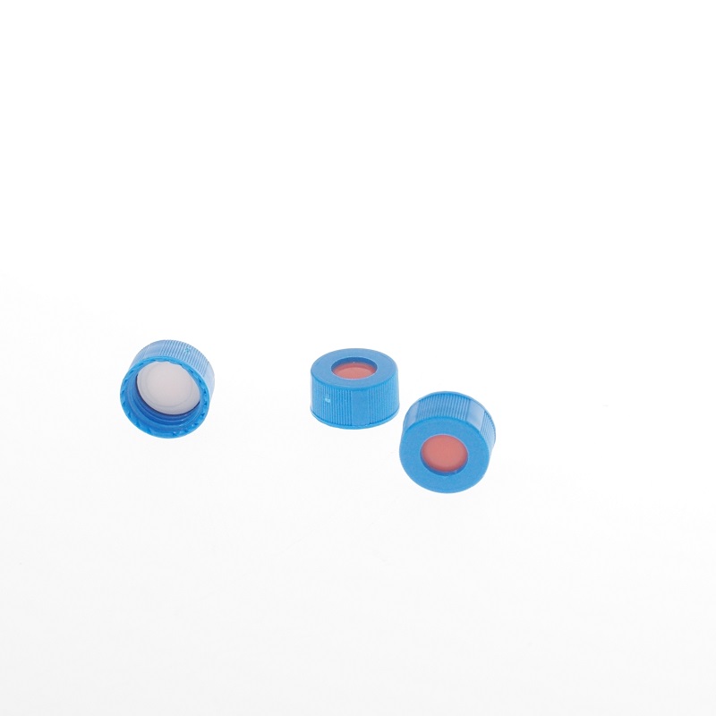 蓝色开孔螺纹盖(经济型、含红色PTFE/白色硅胶隔垫)|Preassembled cap and septa for 9mm thread ...